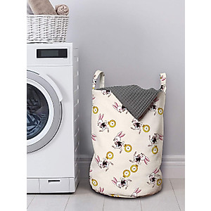 Lunarable Alice in Wonderland Laundry Bag, White Rabbit Dancing in The Sky Fantasy World and Alice Theme, Hamper Basket with Handles Drawstring Closure for Laundromats, 13" x 19", Yellow Black