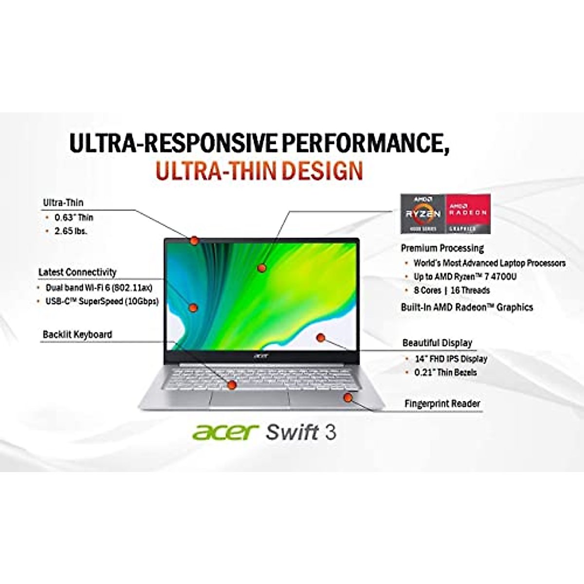 Acer Swift 3 Ultra Light Laptop AMD Ryzen 7 4700U 8-Core Processor 8GB DDR4 512GB NVMe SSD WiFi 6 Backlit Keyboard Fingerprint Reader SF314-42 Windows 11 (Renewed)