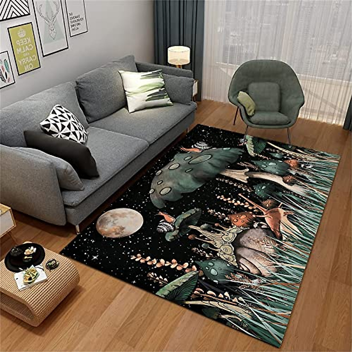 LGGQQW Trippy Area Rug Mushroom, Fairy Carpet Moon and Star Rug Snails Fantasy Area Rug for Bedroom Livingroom Plants and Leaves Home Decor, 20inch x 32inch