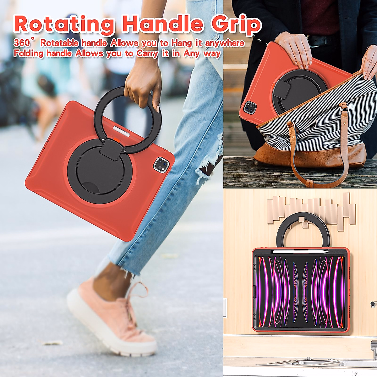 BATYUE iPad Pro 12.9 Case - Rugged Protective Case for iPad Pro 12.9-inch 6th/ 5th/ 4th/ 3rd Generation 2022/2021/ 2020/2018, iPad Pro 12.9 Cover with Pencil Holder/ 360° Swivel Stand - Red