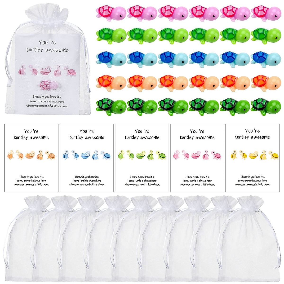 100 Sets Inspirational Gift Include 100 You're Turtley Awesome Animal Pun Thank You Note Cards Greeting Card 100 Mini Sea Turtle Figure 100 Organza Bags for Coworkers Appreciation Pocket Favors