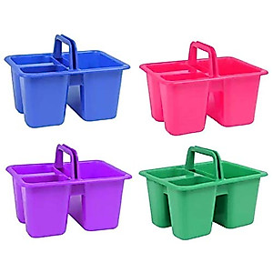 Kids Arts & Crafts Small Plastic Caddies with Handles, 3 Compartments, Assorted Colors 4-ct Set