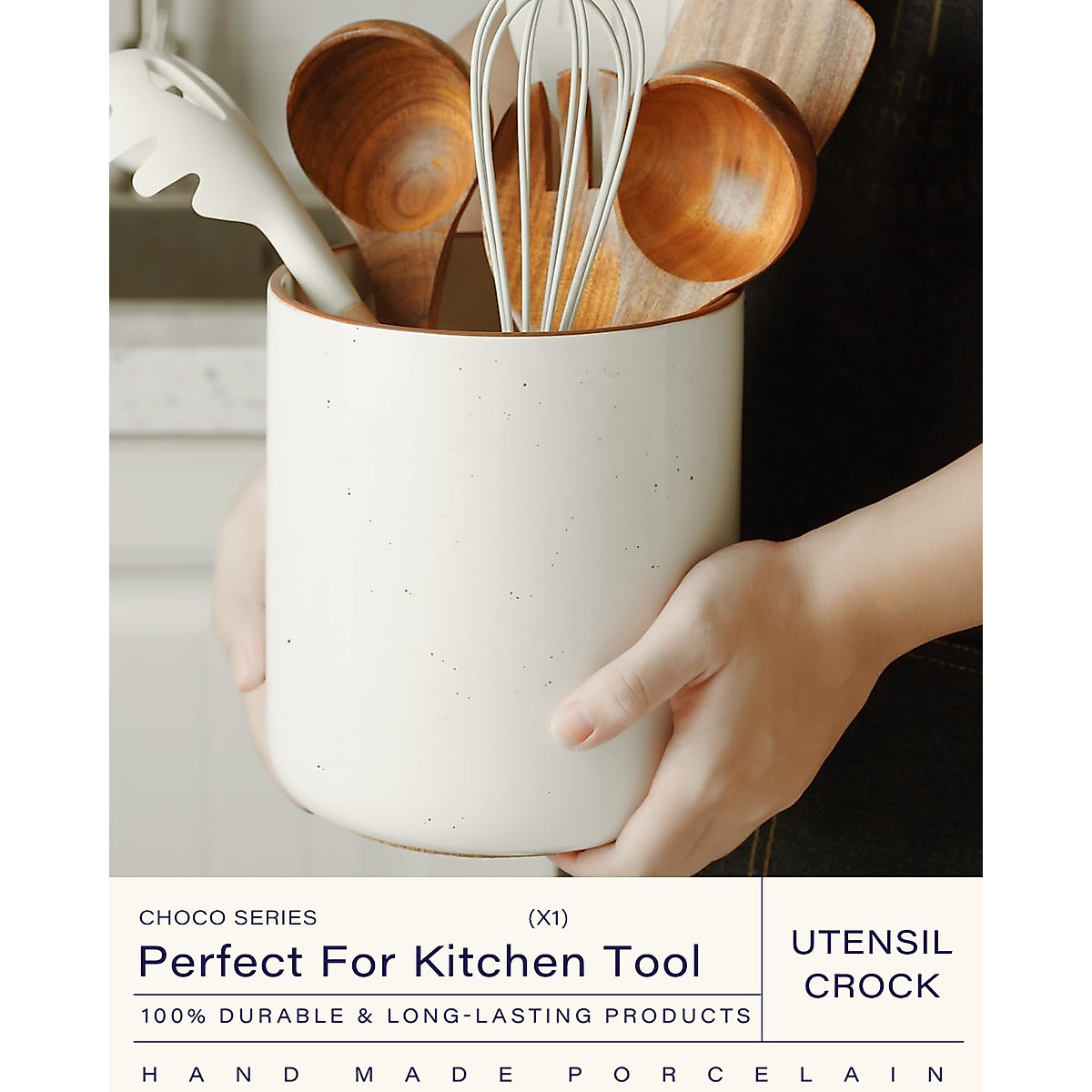 getstar Kitchen Utensil Holder, Large Ceramic Cooking Utensil Holder (H7.2” x W6.2”) for Kitchen Counter with Cork Mat at Bottom, Farmhouse Kitchen Decor