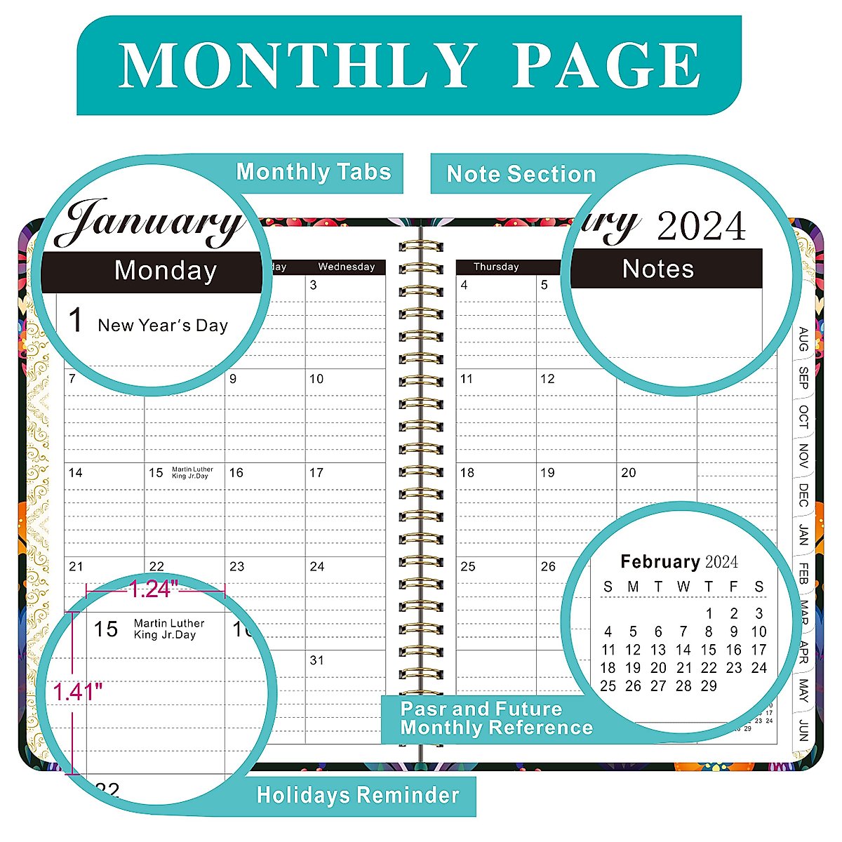 2023 Planner, Jul. 2023 – Jun. 2024, Academic Planner 2023-2024, 8.4" x 6.2" with Weekly ＆ Monthly Spread, Spiral Planner Notebook, Elastic Closure, Inner Pocket, Coated Tabs, Floral