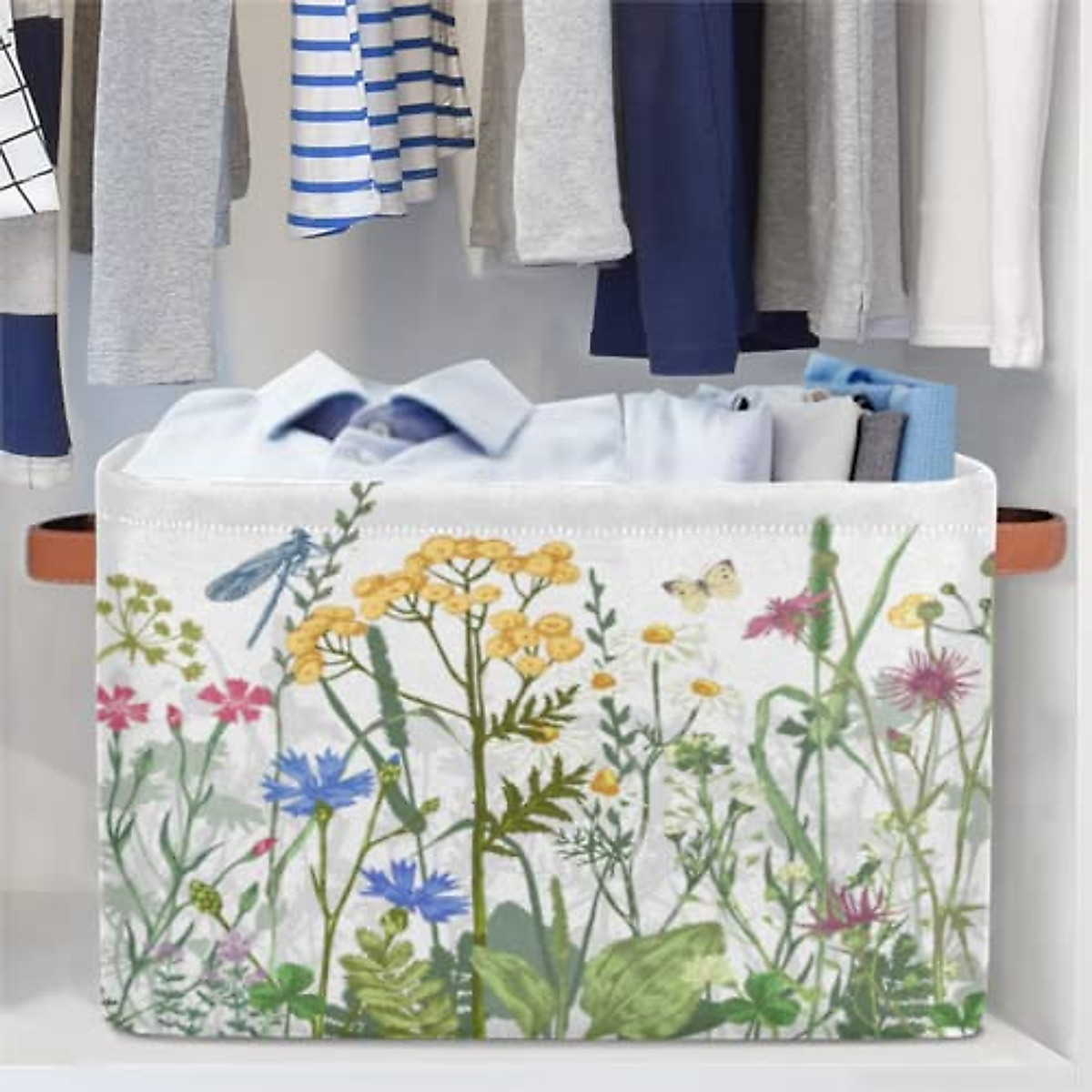 Storage Basket Bin, Flower Herb Butterfly Dragonfly Large Collapsible Storage Cube Box with Handle Durable Waterproof Closet Shelf Organizer for Toy Nursery Bedroom Laundry Basket, 1 Pcs
