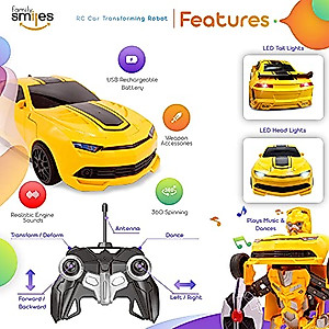 Kids RC Toy Sports Car Transforming Robot Remote Control with One Button Transformation, Realistic Engine Sounds, 360 Speed Drifting, Sword and Shield Included Toys For Boys 1:14 Scale Yellow