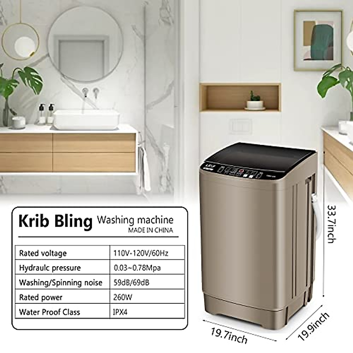 Full Automatic Washer with Drain Pump 17.7 lbs, Krib Bling Small Washing Machine with LED Display, Mini Washing Machine with 10 Washing Programs, Ideal for Dorm, Apartment, Camping, Gold