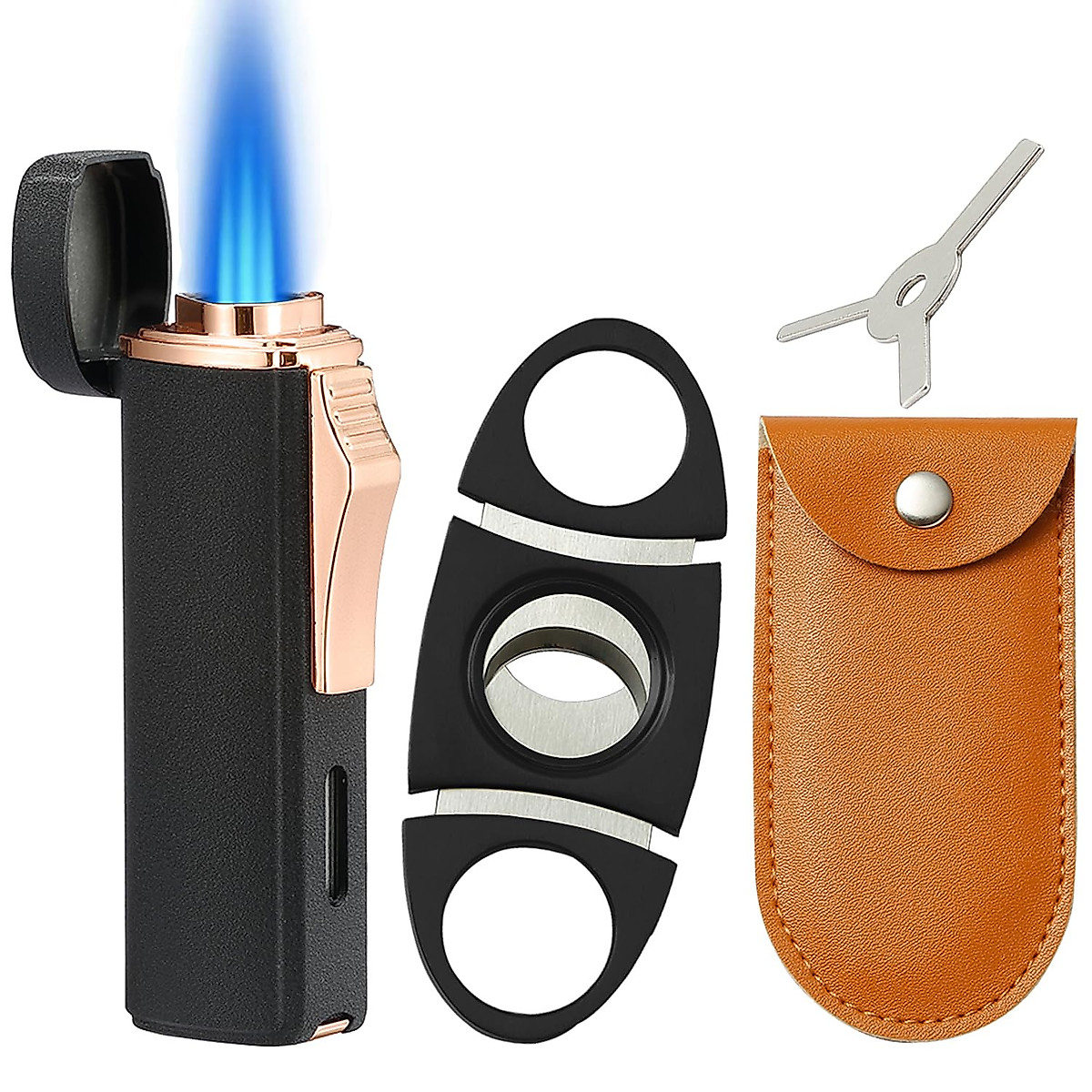420 Carbon Steel 𝐂𝐮𝐭𝐭𝐞𝐫 and Lighter Set, Built-in 𝐏𝐮𝐧𝐜𝐡, Triple Jet Flame Butane Torch Lighter, Refillable Windproof Gas Lighter. Black. (Sold Without Gas)