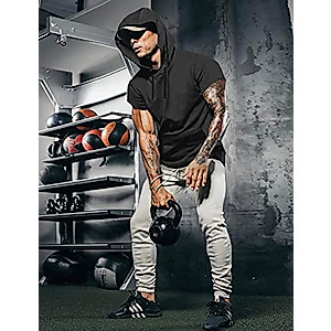 COOFANDY Men's Gym Hoodies Short Sleeve Cotton Athletic Workout Bodybuilding T Shirt Hooded Sweatshirt with Pocket Black
