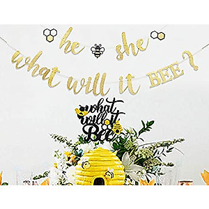 He She What Will It Bee - Golden Glitter Party Banner Decorations, Bee Gender Reveal Banner, Bee Theme Baby Shower, Baby Shower Shower Banner，golden Glitter Banner