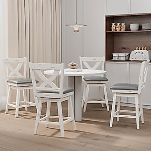 MU Bar Stools Set of 4, 24" Seat Height Counter Height Swivel Barstools with X-Back, Upholstered 360 Degree Swivel Dining Chair with PVC Cushioned Seat, Footrest & Wood Legs, White