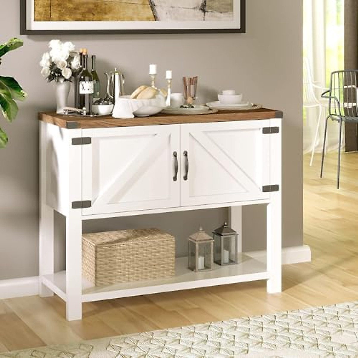 4ever2buy Farmhouse Coffee Bar Cabinet with Barn Doors, White Coffee Bar Stand with Storage, 36 inch Coffee and Tea Bar with Bottom Shelf for Living Dining Room