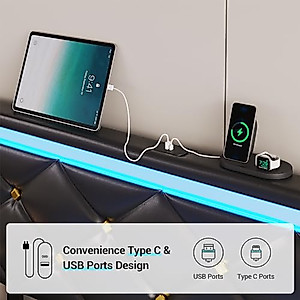 DICTAC Floating Bed Frame Full Size with Headboard and Charging Ports Modern Visual Full Floating Bed with Led Lights Black Faux Leather Upholstered Platform LED Full Bed Frame,No Box Spring Needed