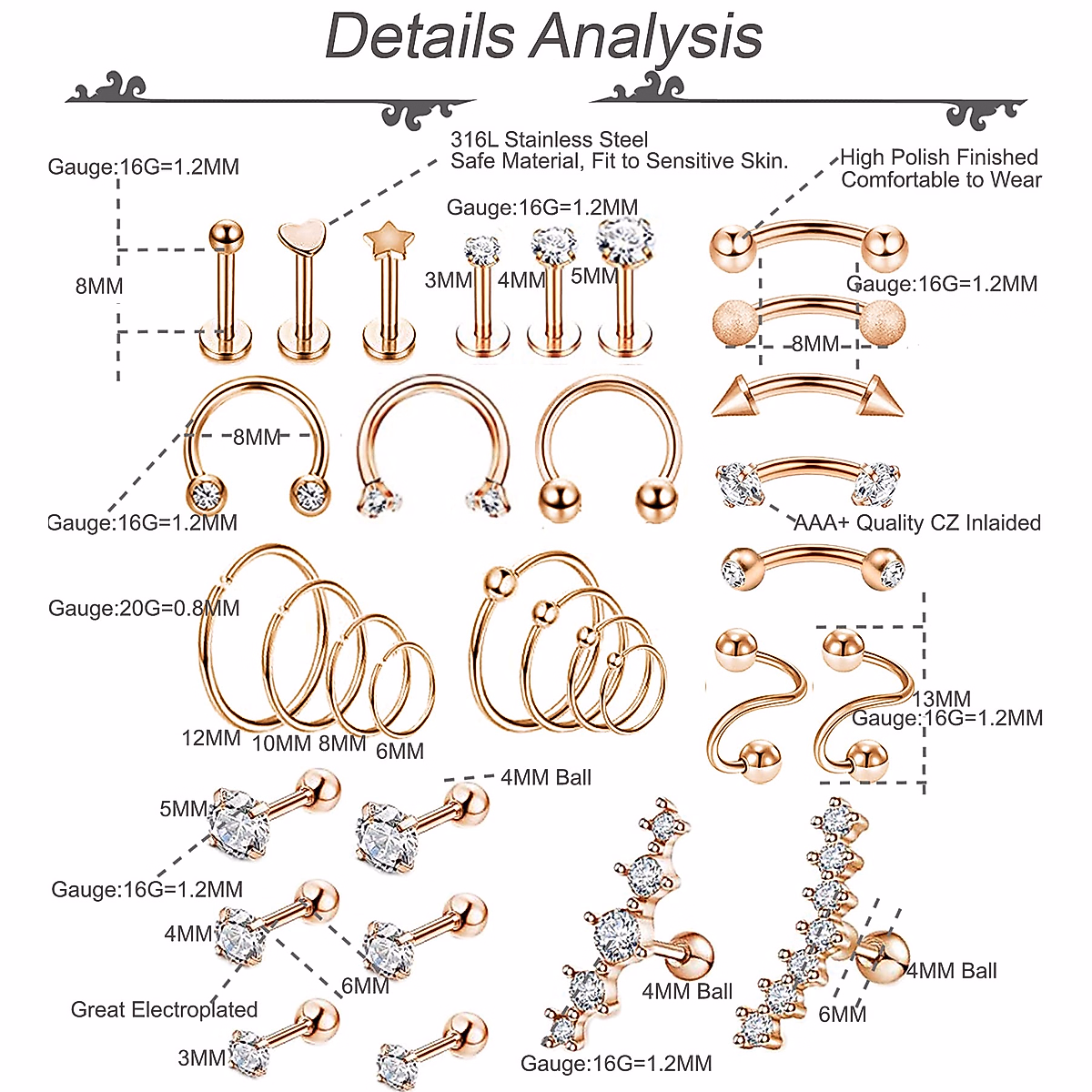 REVOLIA 32Pcs Stainless Steel Cartilage Stud Earrings for Women Conch Helix Tragus Daith Conch Hoop Earing Piercing Jewelry Set Rose-Gold