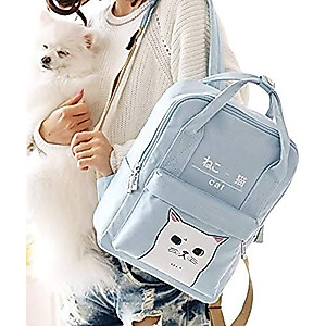 e-youth Women Girls Kawaii Cat School Backpack with Lunch Box Japanese And Korean Style Canvas Bags (Blue), One Size