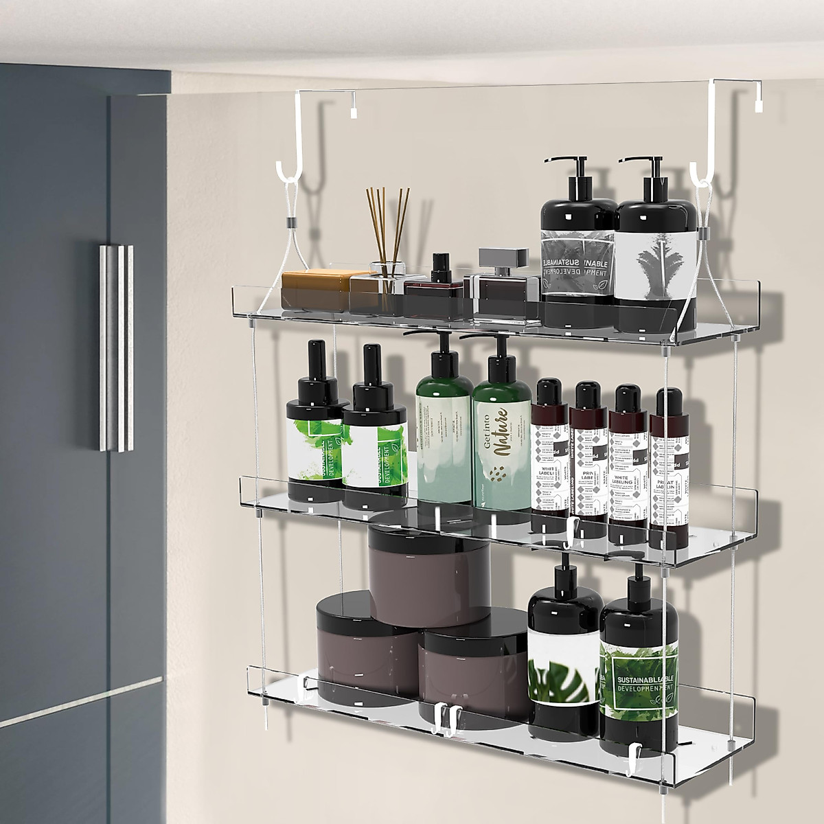 laapee Over the Door Shower Caddy, Hanging Shower Organizer Shelves for Bathroom Door, 3-Tier Acrylic Shower Rack, Rustproof & Waterproof Storage Shelf with 5 Hooks