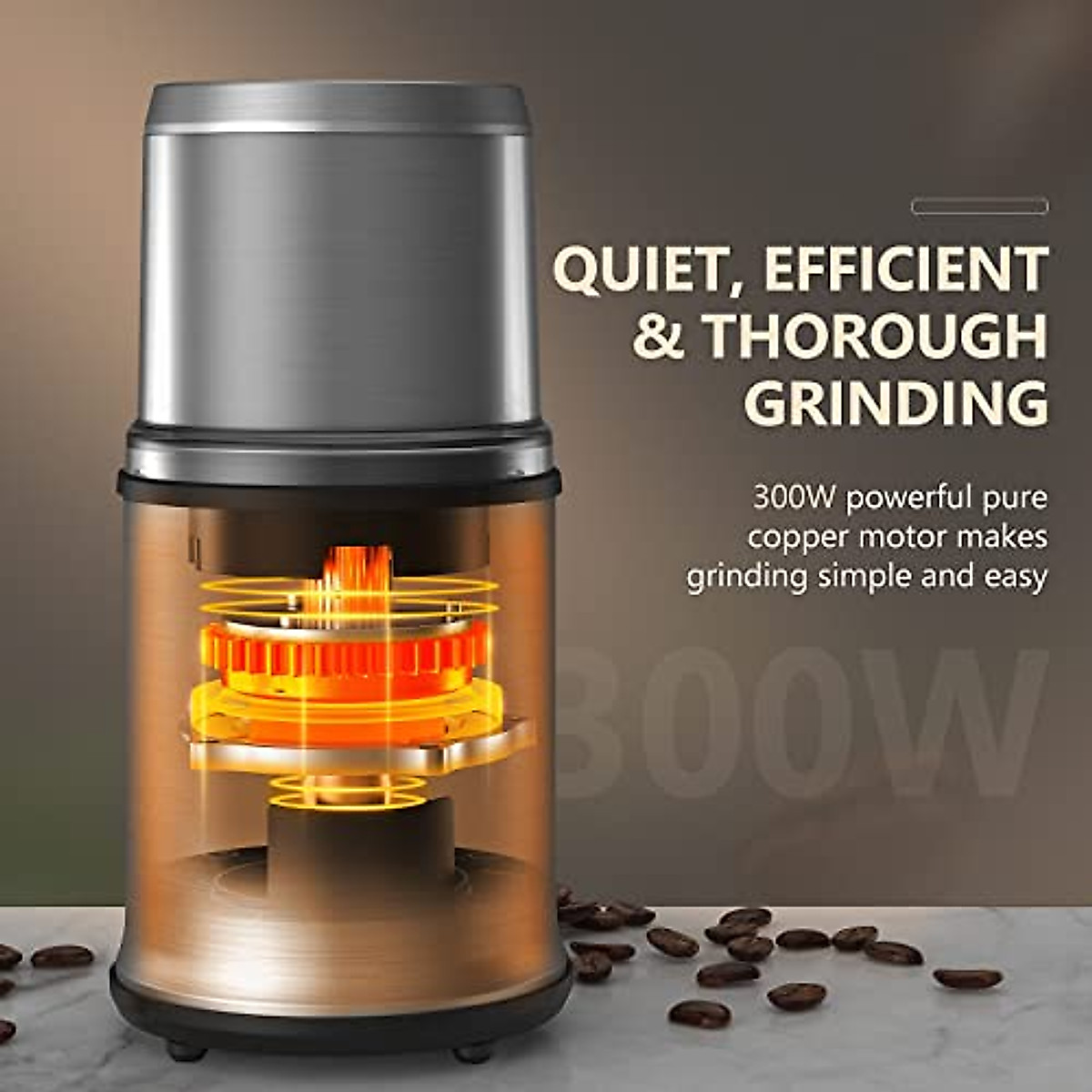 Electric Coffee Grinder with 1 Removable Cup, Adjustable Coffee Bean Grinder for Beans, Spice, Herb, Nut, Flax Seed, 300W Powerful Electric Spice Grinder with Non-Slip Feet, Clear Lid, Stainless Steel