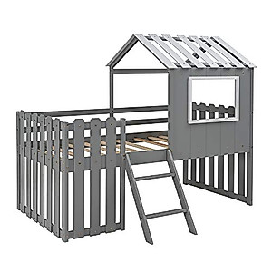 Twin Loft House Bed for Kids, Wooden Loft Beds with Rustic Fence-Shaped Guardrail/Ladder/Window/Roof for Teens Boys & Girls Bedroom (Gray-Loft House Bed)