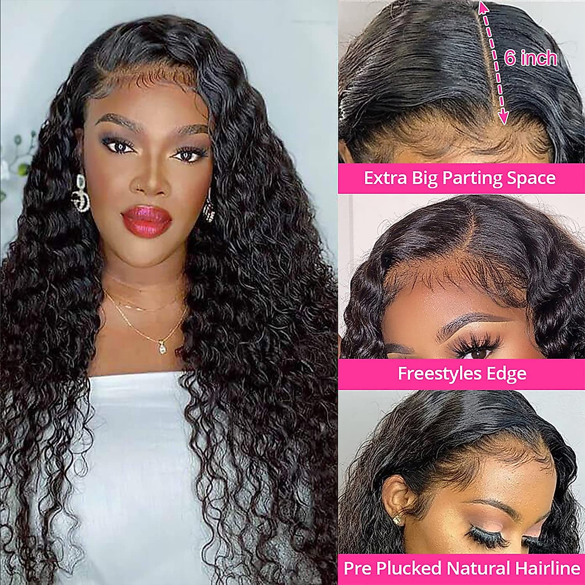 SNJON Water Wave 13x6 HD Transparent Lace Front Wigs Human Hair 180 Density Wet and Wavy Wigs for Women Curly Lace Front Wigs Pre Plucked with Baby Hair Natural Color (18 Inch)
