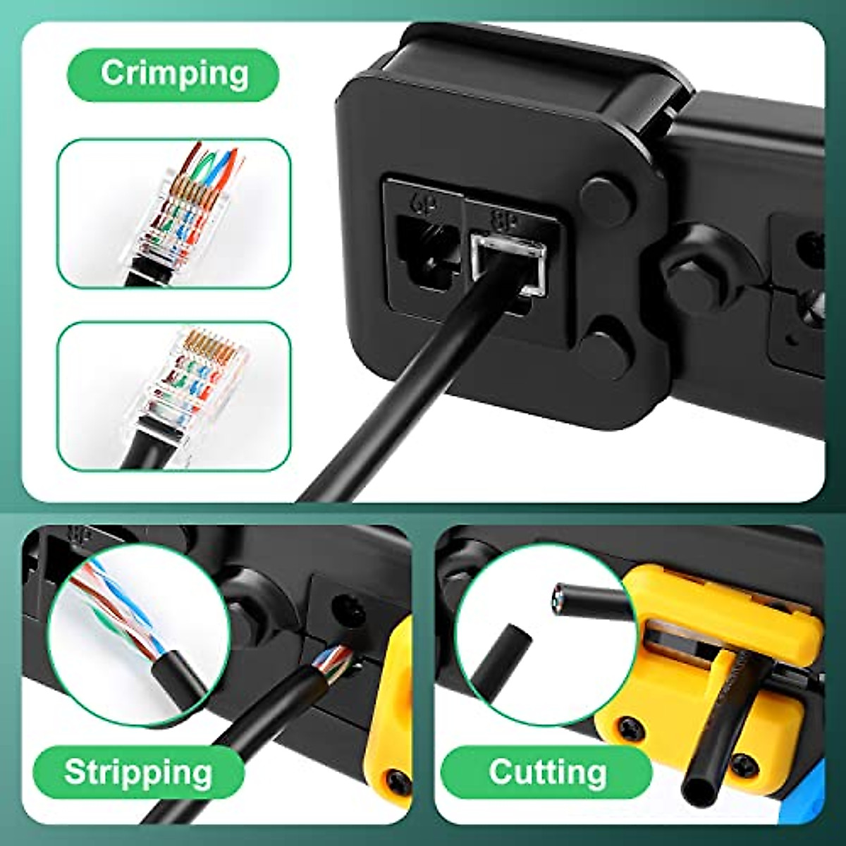 Delgada RJ45 Pass Through Crimp Tool Kit - Ethernet Crimping Tool with 50 Cat5/Cat5e/Cat6 Connectors, Network Cable Tester, and Wire Stripper for RJ45/RJ12 Regular