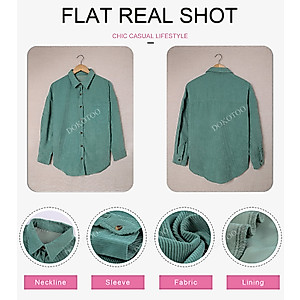 Dokotoo Womens Corduroy Shirts Button Down V Neck Long Sleeve Blouse Casual Roll Up Cuffed Tops with Pockets L Green