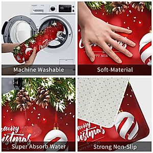 Christmas Bath Mat for Bathroom New Year Ball Fir Branch Red Rugs Shower Mats Memory Foam Rug Non Slip Floor Small Carpet Soft Light Absorbent Washable for Home Hotel Decor 15.7 X 23.6 inch