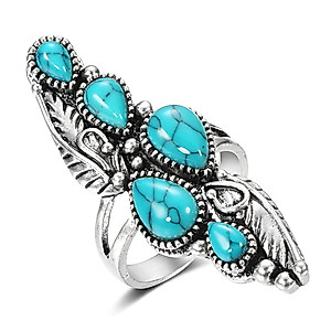 Vintage Turquoise Flower Leaf Statement Ring for Women Oxidized Silver Plated Black CZ Boho Filigree Wide Band Finger Rings Comfort Fit Bohemian Indian Bollywood Wedding Birthday Retro Jewelry Size 8 (Teardrop)