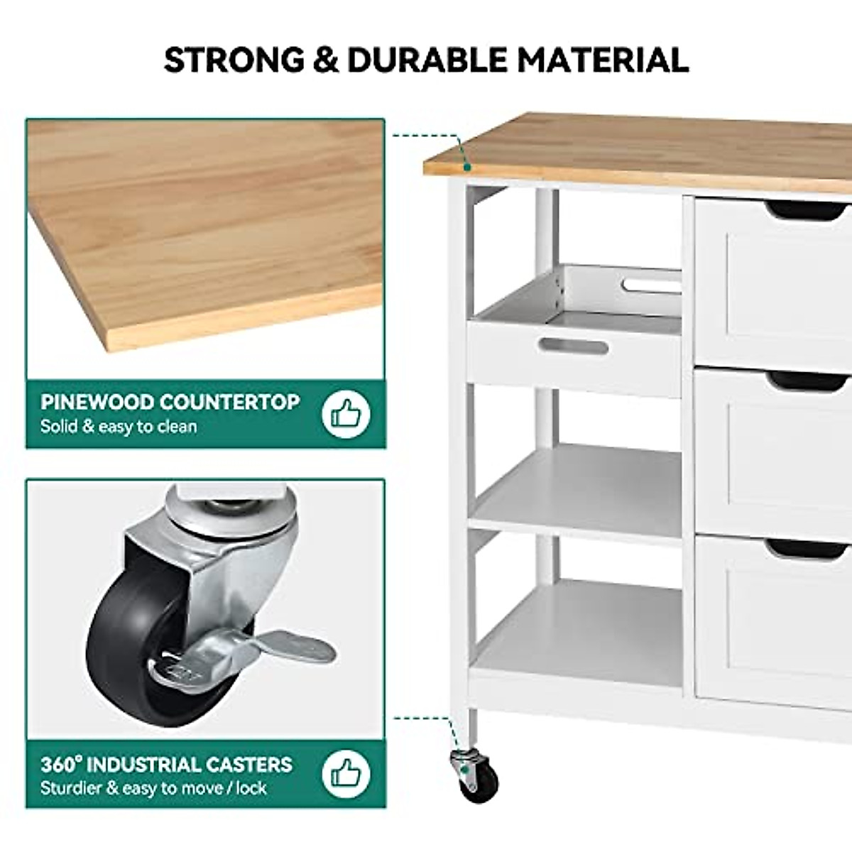 YITAHOME Kitchen Island Cart with Storage, Kitchen Cart for Home, Rolling Serving Utility Trolley Cart On Wheel with 3 Drawers and 3 Storage Shelves, Kitchen Serving Cart for Dining Room, Bar, White