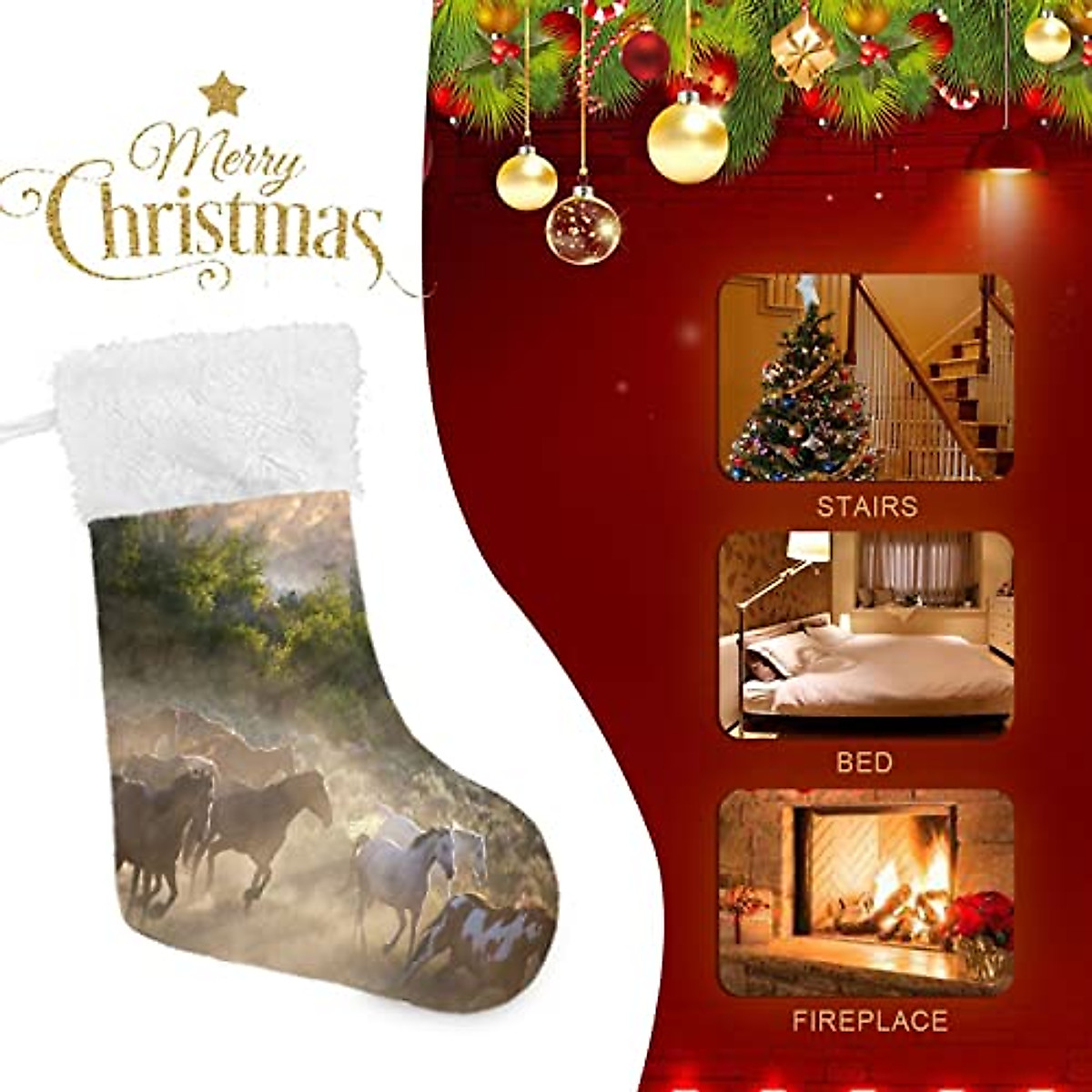 Kigai Christmas Stockings Nature Brown White Horses Large Candy Stockings Stuffers Kids Cute Xmas Sock Decorations 1PC for Home Holiday Party 12" x18"