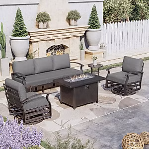 Kurapika Aluminum Patio Furniture Set 5-Seat Modern Metal Outdoor Conversation Sets w/45in Propane Fire Pit Table, Swivel Rocking Chairs Patio Sectional Sofa w/5.1in Cushion, Grey