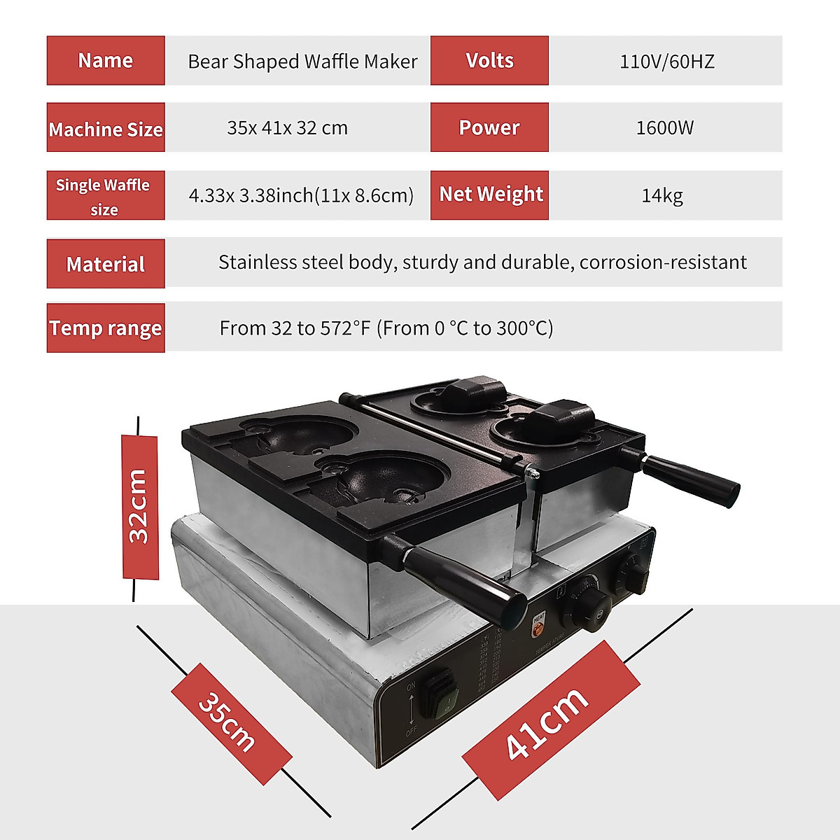 Generic Yovtekc 2PCS Open Mouth Bear Shaped Waffle Maker, Electric Ice Cream Bear Waffle Maker, Commercial Waffle Maker Machine for Restaurant Snack Bar, Non-Stick Inner 1600W 110V, 35*41*32cm