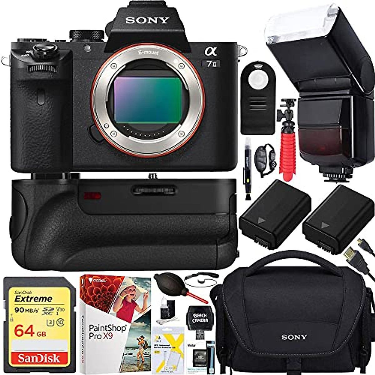 Sony Alpha a7II Mirrorless Interchangeable Lens Camera Body Bundle with 64GB Memory Card, Battery Grip, Flash, Camera Bag, Paintshop Pro, Dual Batteries and Accessories (9 Items)