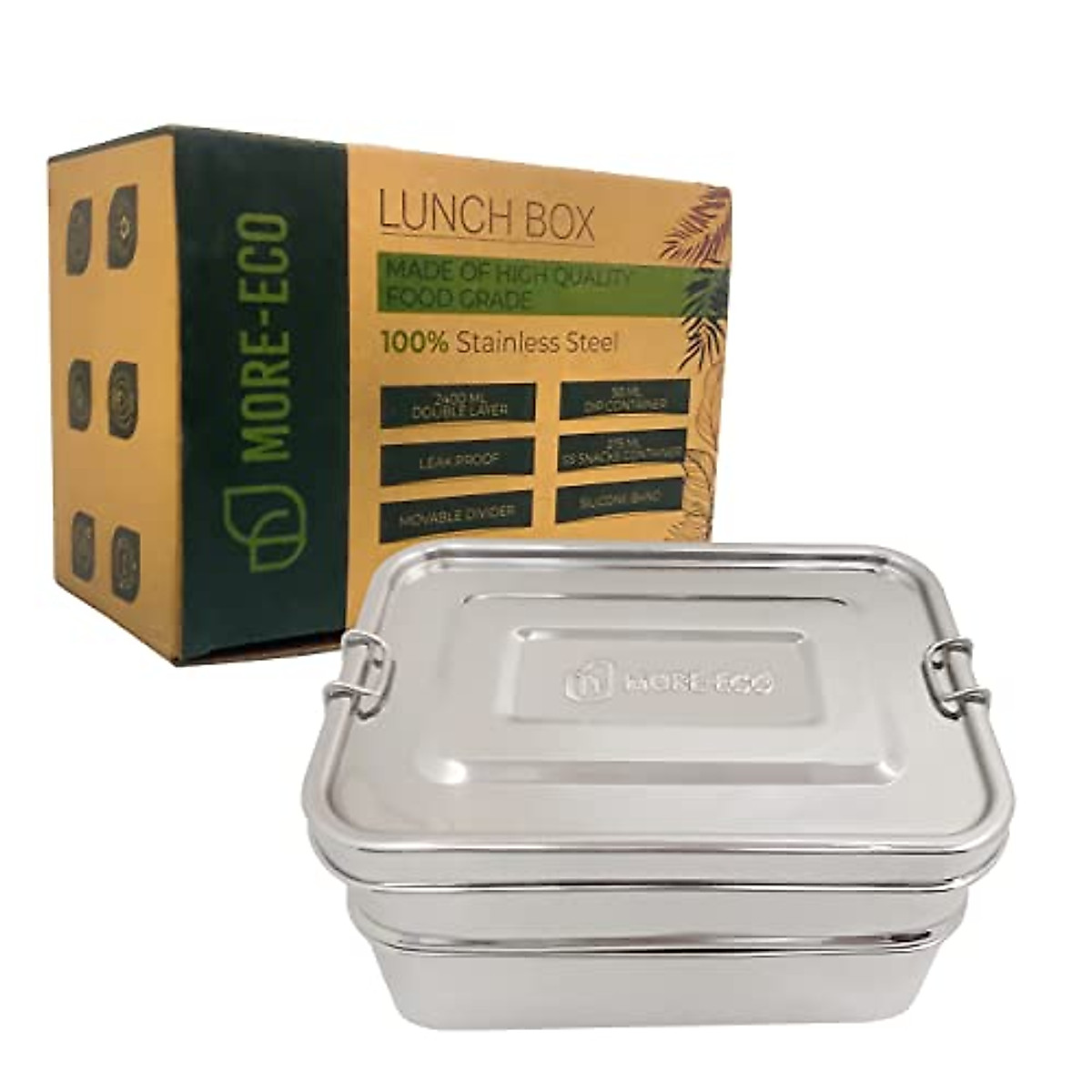 MORE-ECO Classic Stainless Steel Bento Lunch Box Lunch Container Design Holds a Variety of Foods - Metal Bento Box - Dishwasher Safe - Stainless Lid - Stainless 5-in-1