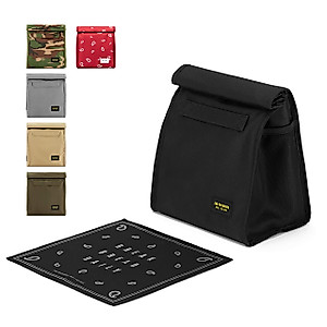 2nd Childhood Insulated Lunch Bag for Men and Women; Rolltop Lunch Box with 2 Side Mesh Pockets and 1 Exteral Slip Pocket (Black)