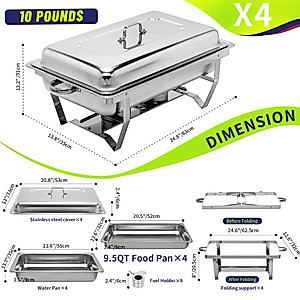 STEELUS 4 Pack Chafing Dish Set with Full Size Food Pan, Stainless Steel Chafer Food Warmer, Complete Set