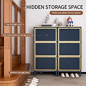 mixtavie Metal Rattan Shoe Cabinet with 3 Flip Drawers, 3-Tier, Free Standing, Hidden Shoe Storage for Entryway and Living Room, Blue (Set of 1)