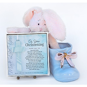 On Your Christening, Beautiful Baby Aqua/Clear Handmade Glass Cross Keepsake Gift