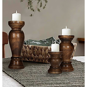 Descent Art Designs Rounded Turned Colums Candle Stands Sustainable Wooden for Taper Candles, Country Style, Idle for Farmhouse Living Room Wedding Party Home décor - 8,6,4 Inch Set of 3 - Burnt