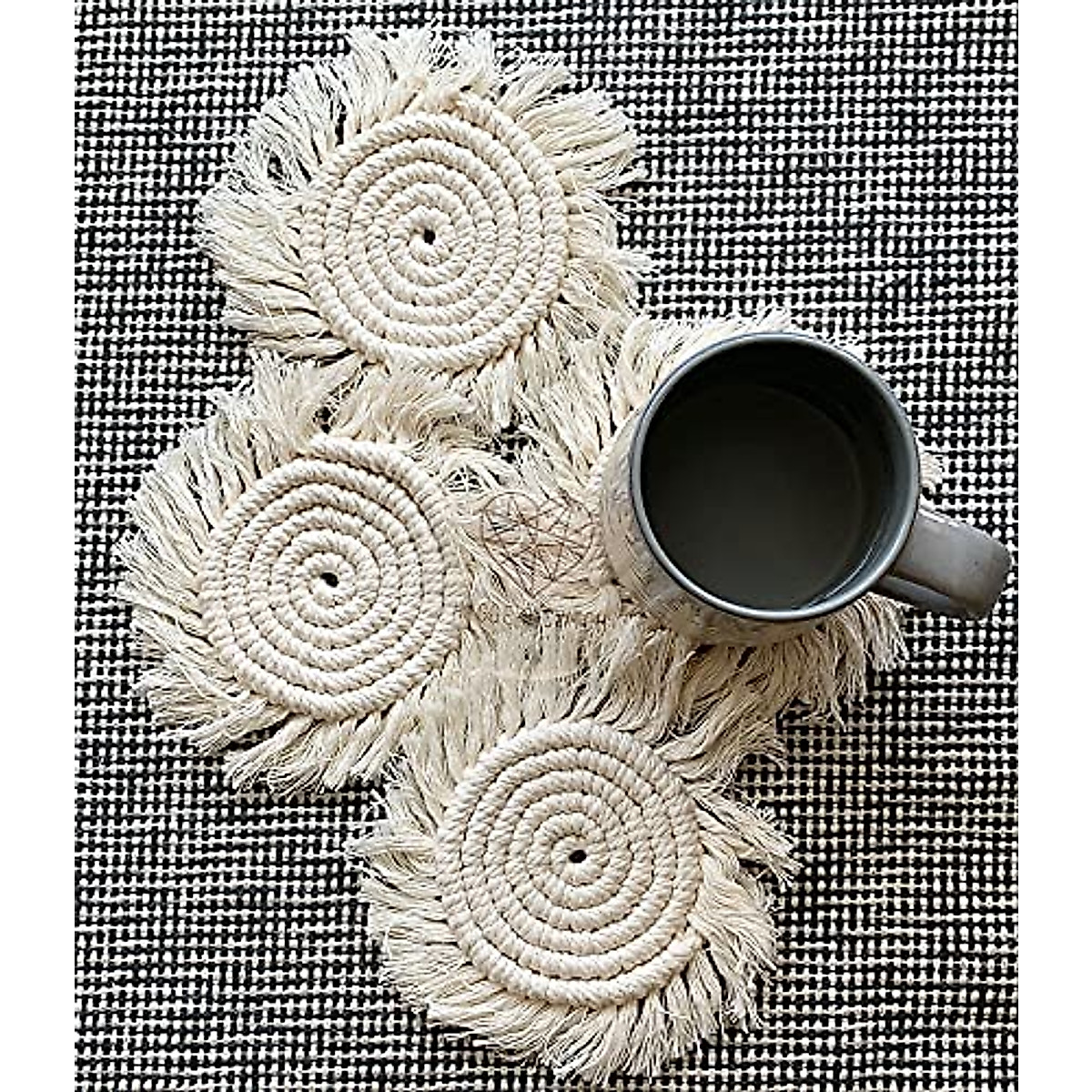 Hygge & Cwtch Handcrafted Macrame Coasters Set of 4 - Handmade Cotton Rope Woven Macrame Coaster with Tassel | Boho Home Decor Mugs and Cups Pads for Drinks, Wine Glass Table Countertop Office