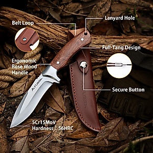 Flissa Fixed Blade Knife with Sheath, 9.8'' Full Tang Hunting Knife with High Carbon Steel Blade, Non-Slip Rose Wooden Handle, Lanyard Hole, Camping Knife for Hiking, Outdoor, Hunting, Survival, Camping