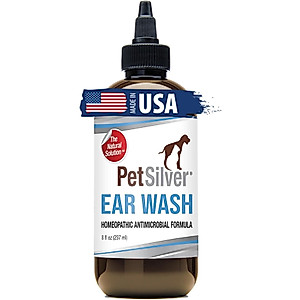 PetSilver Ear Wash Flush, Patented Chelated Silver Formula - Superior to Colloidal Silver, Cat and Dog Ear Cleaner and Treatment, Soothe and Clean Itchy and Inflamed Ears, Easy to Use, USA Made, 8 oz.