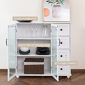 Scurrty Coffee Bar Cabinet Buffet Sideboard Table with Storage, Glass Display Cabinet, 4 Drawers & 2 Doors Kitchen Cupboard, Storage Organizer for Dining Room, Living Room, Entryway, etc (White)