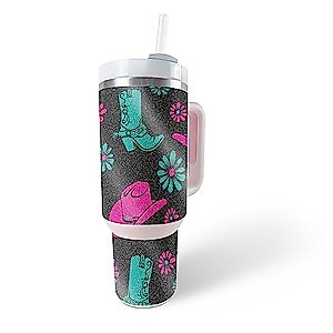 MightySkins Glossy Glitter Skin Compatible with Stanley The Quencher H2.0 FlowState 40 Oz Tumbler - Neon Cowgirl | Protective, Durable High-Gloss Glitter Finish | Easy to Apply