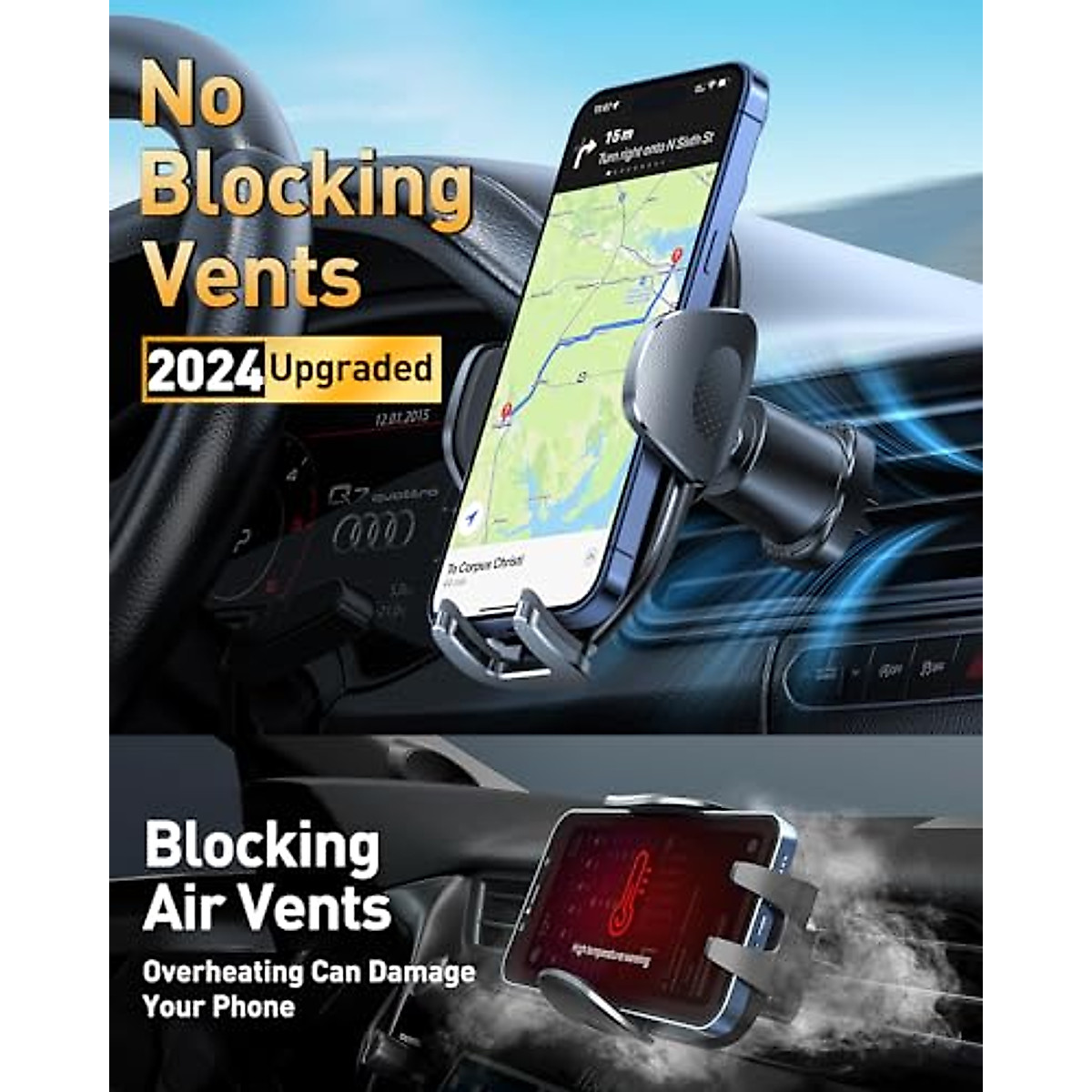 【Military-Grade】Car Phone Holder,【Strongest & Longest Steel-Hook】Car Vent Mount, Handsfree 360° Adjustable Automobile Cradle Air Clip Stand for iPhone 15 14 13 12 Pro Max Samsung Universal, Black