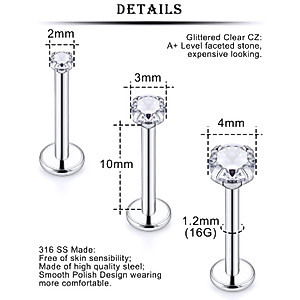 Kridzisw 16G Lip Labret Medusa Monroe Ring Stud Piercing Jewelry 16 Gauge Stainless Surgical Steel Snake Bite Ashley Lip Ring Flat Back Silver Catilage Tragus Helix Earring Piercing Jewelry Women Men