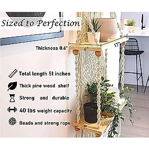 Induslyfe Macrame Wall Hanging Shelf Tier 3 Boho Hanging Wall Decor Boho Shelf Wall Decor Plant Rack Shelf, Boho Bookshelf Wall White Hanging Shelf Woven Rope for Boho Bathroom decor Bedroom Bookshelf