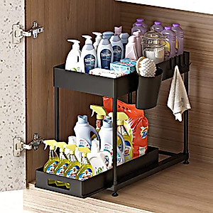 NYYTGE Under Sink Organizer Under Bathroom Cabinet Storage 2 Tier Storage Rack with 4 Hooks, Under Cabinet Organizer Baskets, Multi-purpose Under Sink Shelf Organizer for Bathroom Kitchen