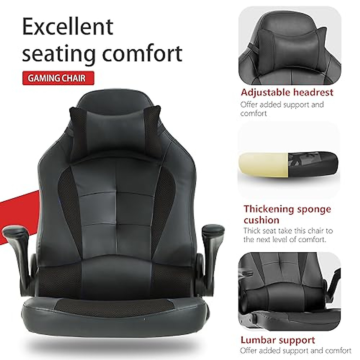 PayLessHere Gaming Chair Desk Chair Gamer Chair Ergonomic Office Chair With Lumbar Support Padded Up Arms Adjustable Headrest Pu Leather High Back Office Chair Gamer Chair For Adults Women Men (Black)