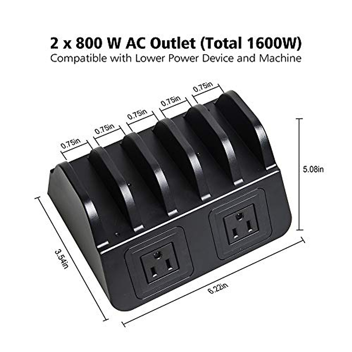 UDOLI 5 USB Ports Charging Station Organizer for Multiple Devices Fast Charging Desktop Stand for Apple Android Phone Tablet 1600W 2 AC Power Outlets Charger Dock for Home Office 3 Prong Cord Black