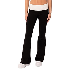 KMBANGI Women Skinny Pants Fold Over Bootcut Stretchy Yoga Flare Leggings Long Y2k Joggers Sweatpants Lounge Streetwear(Lapel Waist Black,S)